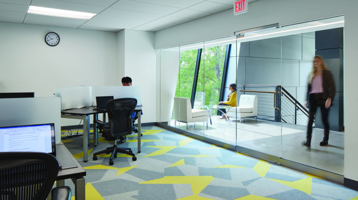 Shared equipment, office spaces, and flexible meeting space.